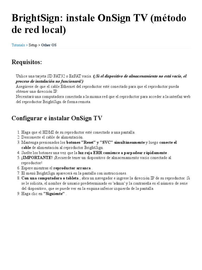 Instalación de OnSign TV en BrightSign | PDF