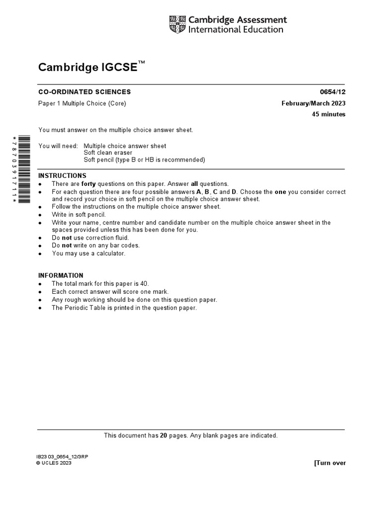 CO-ORDINATED SCIENCES 0654/12 Paper 1 Multiple Choice (Core) | PDF ...
