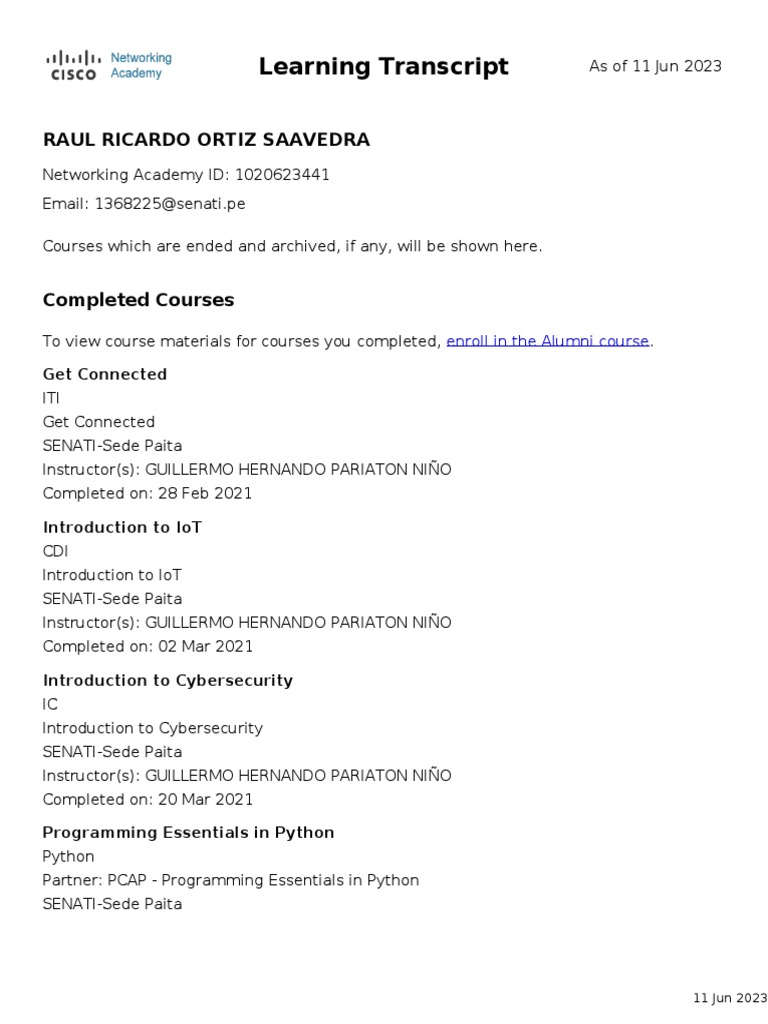 NetAcad Learning Transcript (1) | PDF