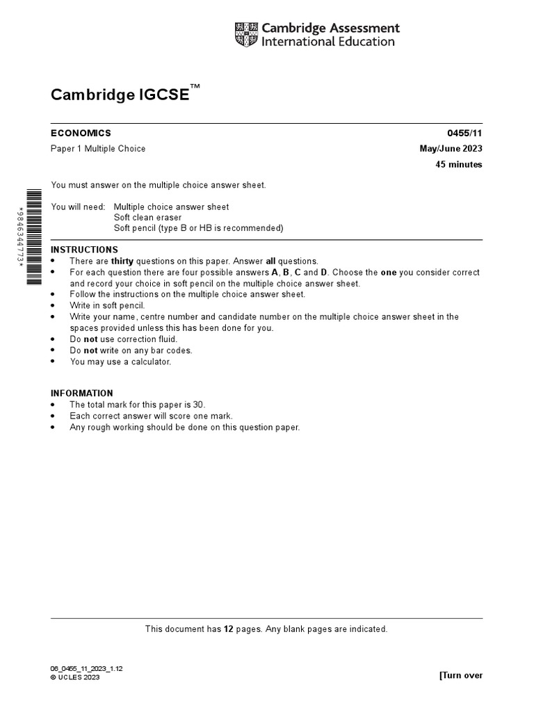 Cambridge IGCSE: 0455/11 Economics | PDF