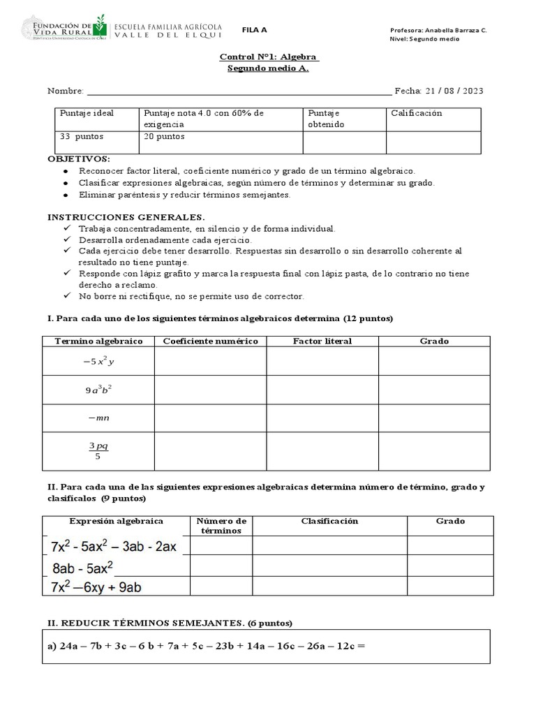 Control N°1 Algebra Fila A | PDF