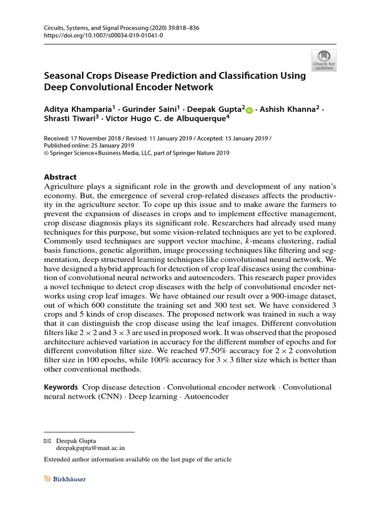 Seasonal Crops Disease Prediction and Classification Using Deep Convolutional Encoder Network ...