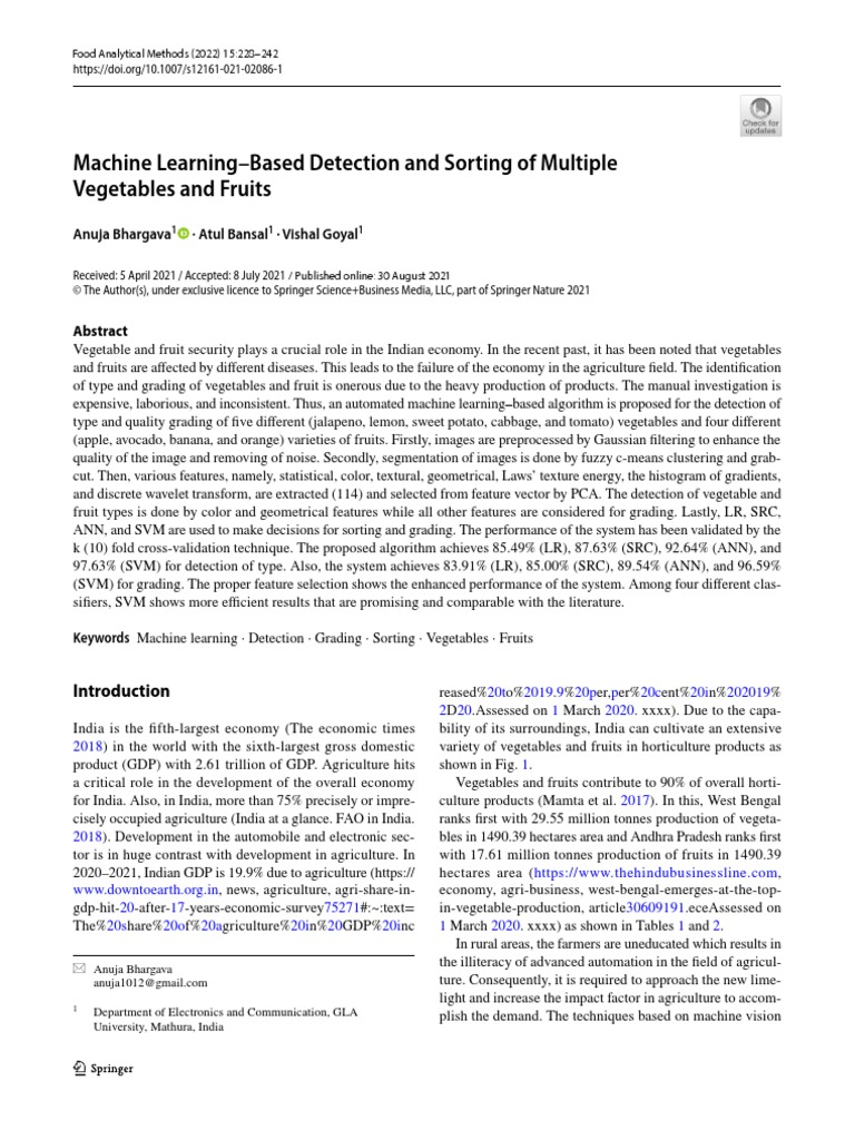 Machine Learning Based Detection And Sorting Of Multiple Vegetables And