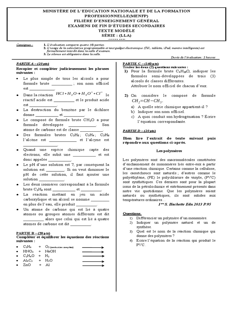 Examen Modèle Chimie NS4 2024 | PDF | Alcène | Polymère