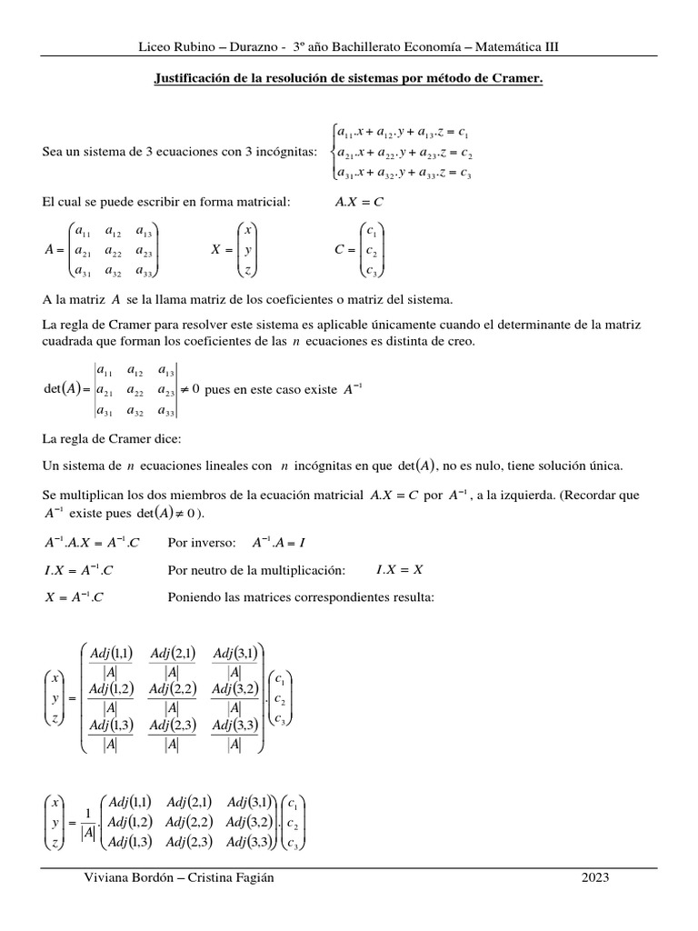 Método+de+Cramer +Justificación+y+Ejercicio | PDF | Métodos y materiales de enseñanza