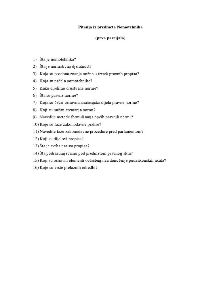 Nomotehnika - Pitanja 1. Parcijala | PDF