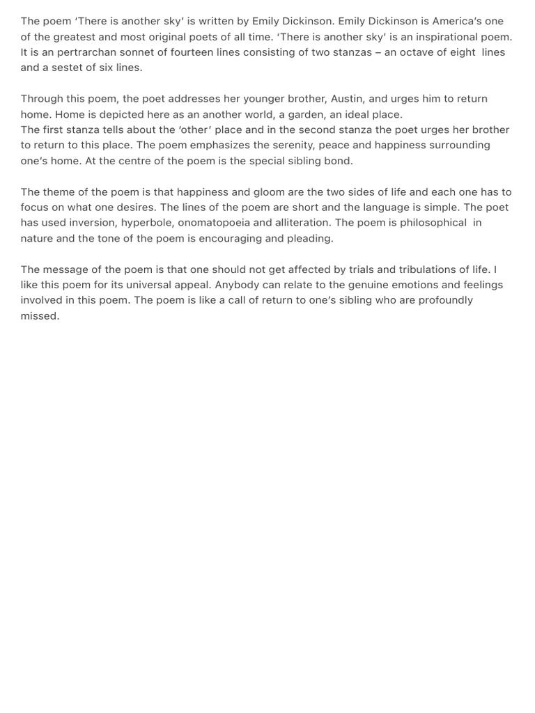 The Poem There Is Another Sky' Is Written by Emily Dickinson. Emily | PDF