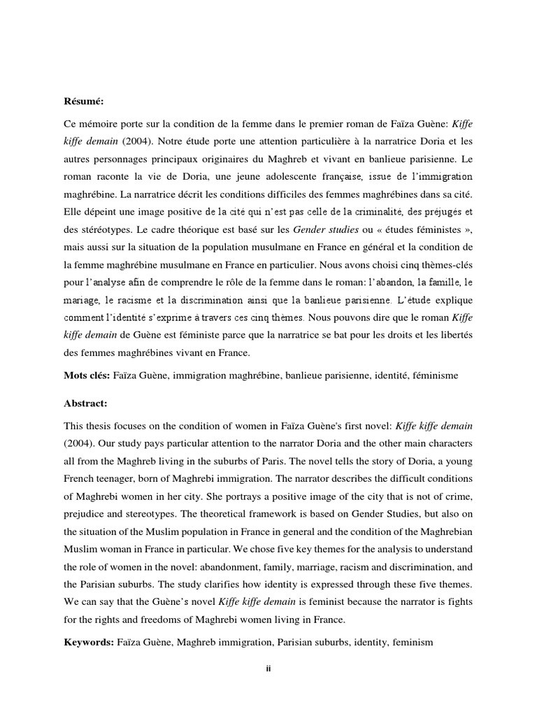 Condition des femmes dans Kiffe kiffe demain | PDF | Féminisme | Études ...