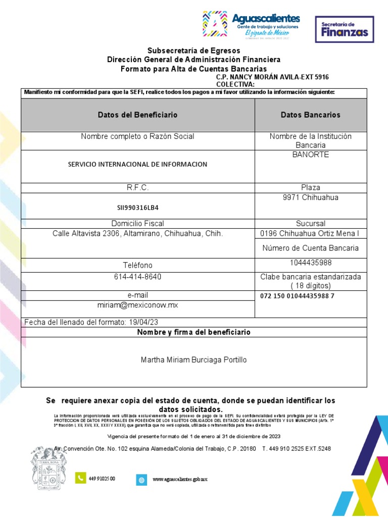 FORMATO ALTA DE CUENTA BANCARIA Final | PDF