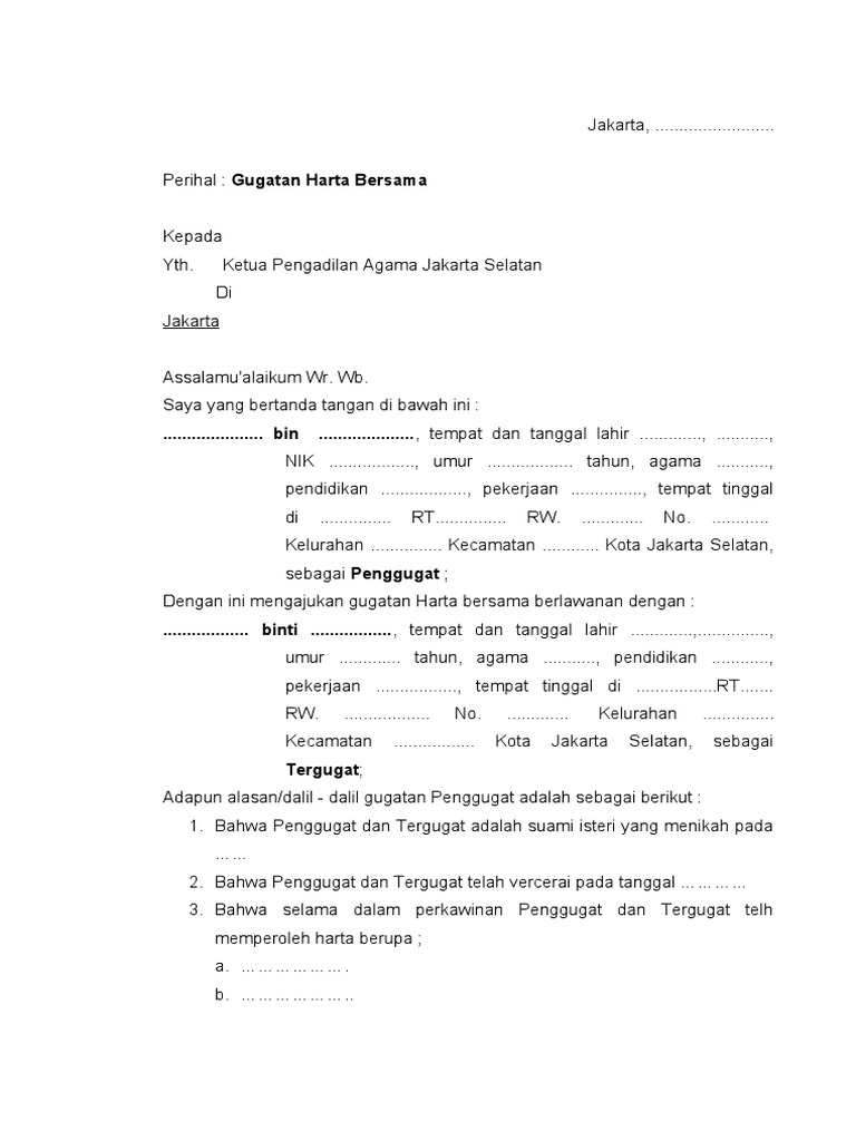 Contoh Gugatan Harta Bersama | PDF