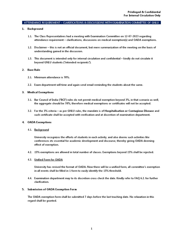 ATTENDANCE REQUIREMENT - Clarifications & Discussions With Exam Committee V | PDF