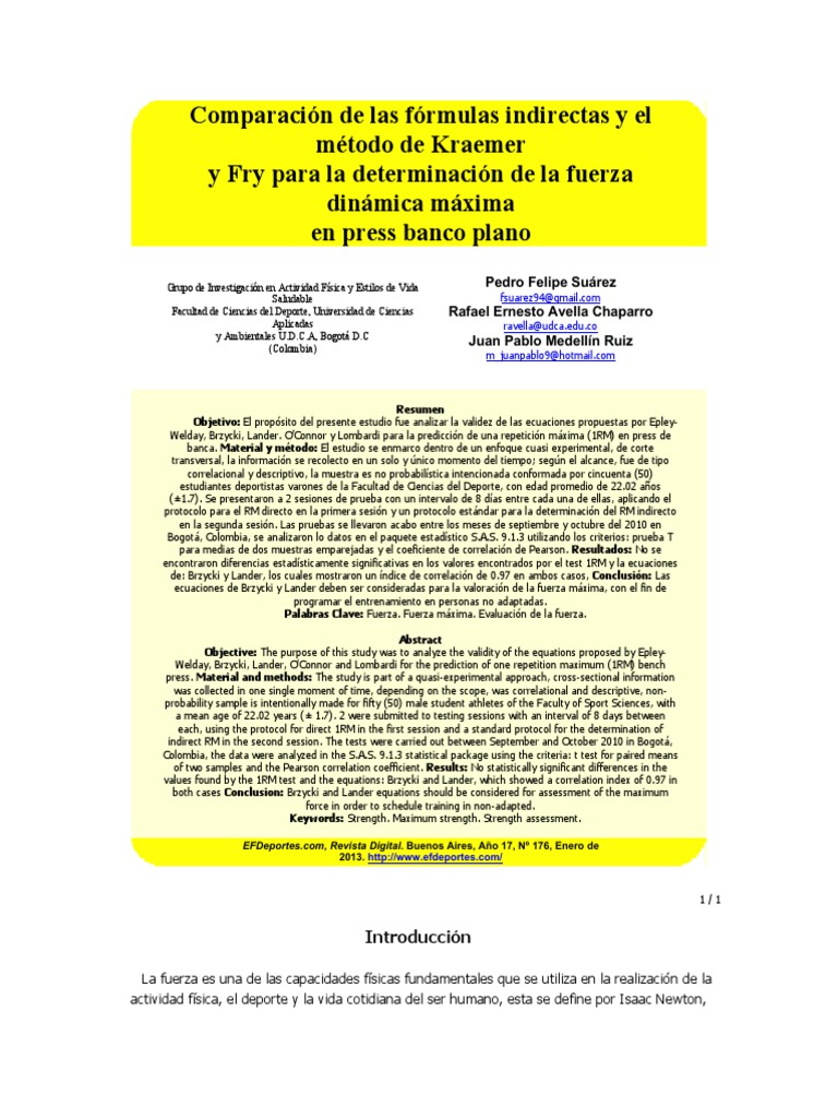 Comparación de fórmulas para 1RM en press | PDF | Fuerza | Contracción ...