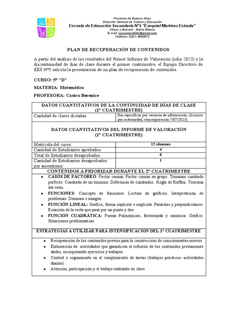 Plan de Recuperacion de Contenidos 2023 (5d) | Descargar gratis PDF ...