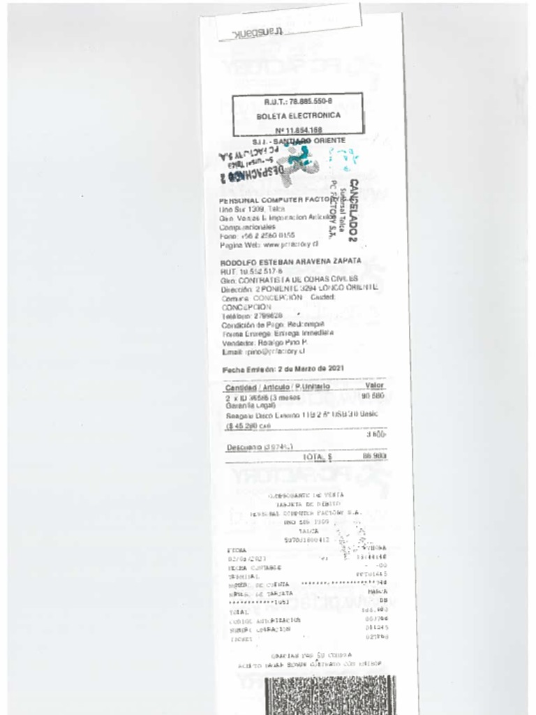 Boleta PC Factory Disco Duro 1TB | PDF