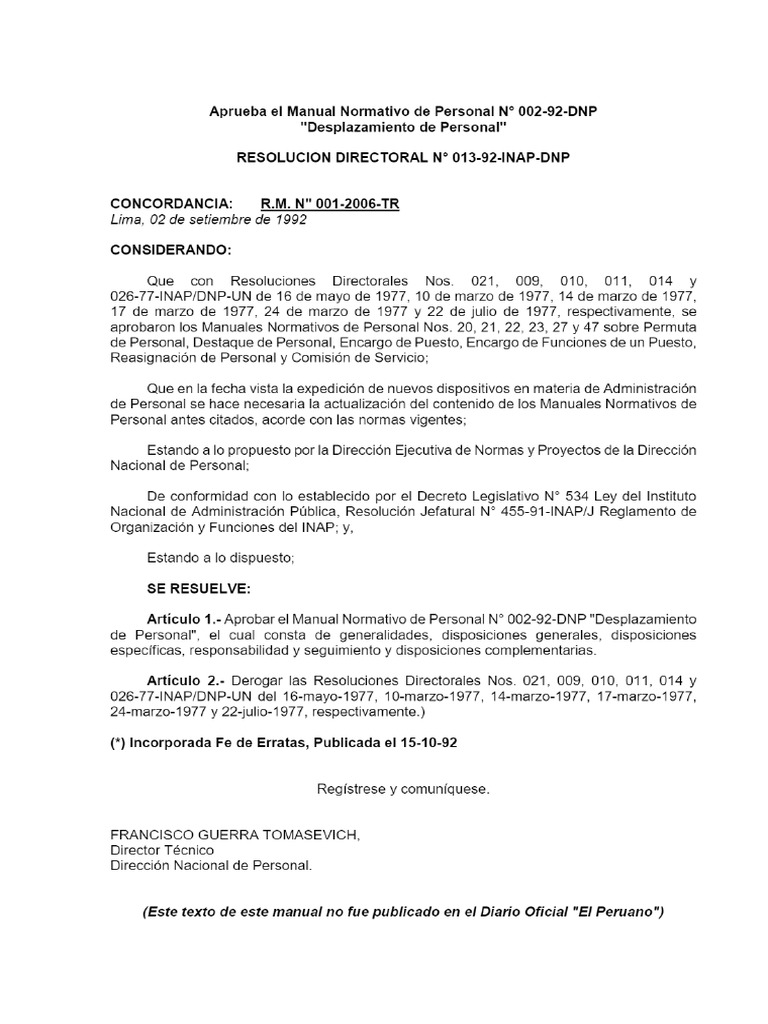 Manual Normativo Desplazamiento de Personal #002-92-dnp | PDF