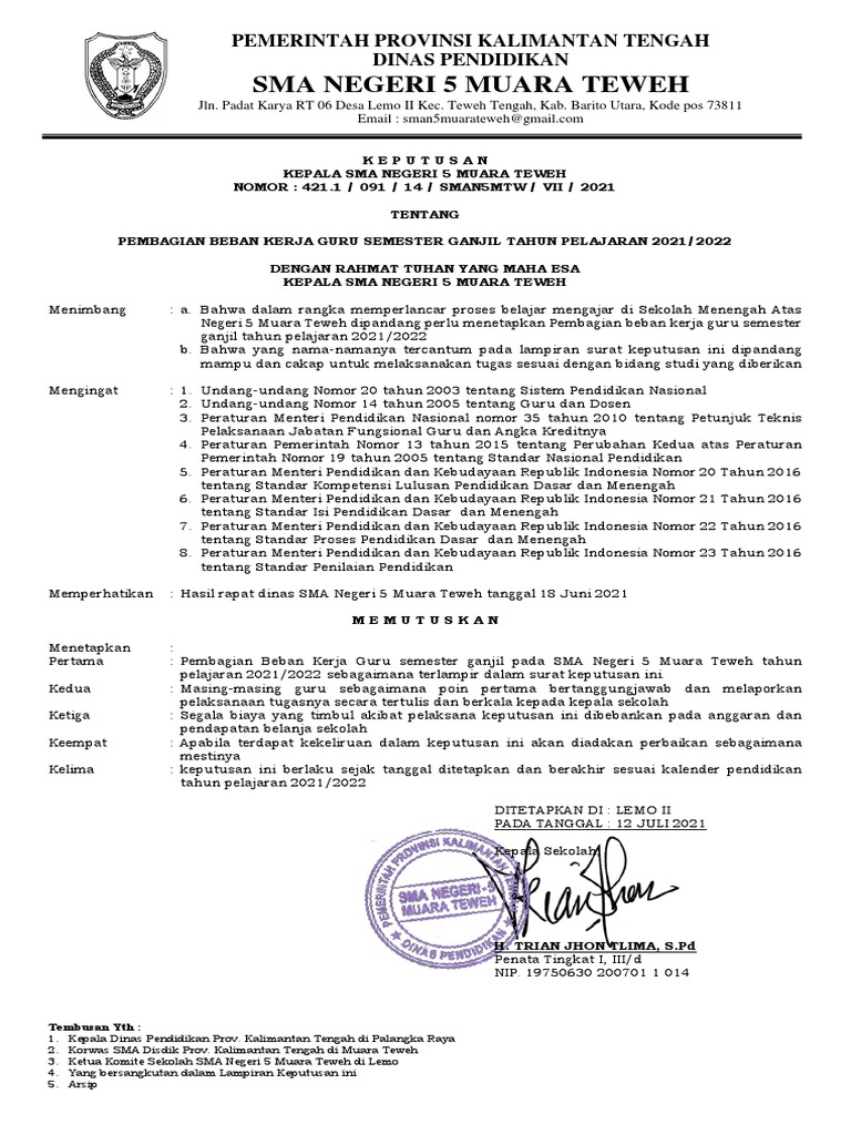 2021 091 SK Beban Mengajar Semester Ganjil-1 | PDF