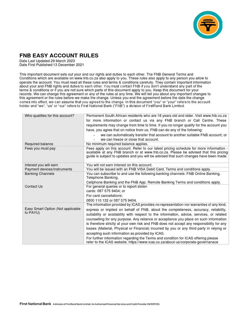 FNB Easy Account Rules | PDF