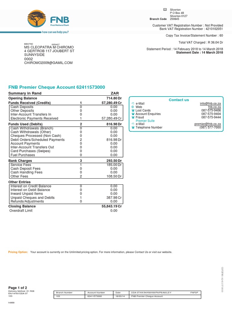 FNB PREMIER CHEQUE ACCOUNT 60 1 Mboro | PDF