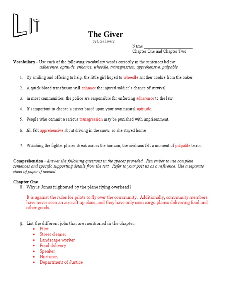 The Giver Vocab and CH 1 and CH 2 Ques 2015 Answer Key | PDF