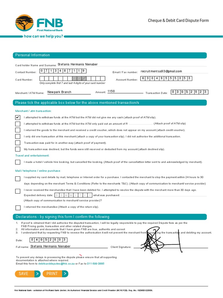 FNB Dispute and Outstanding Authorisation Reversal Request | PDF
