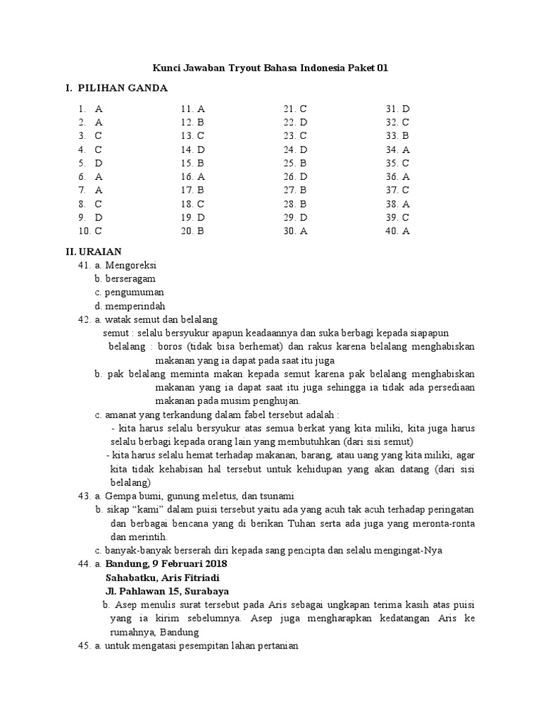 Kunci Jawaban Tryout Bahasa Indonesia Paket 01 | PDF