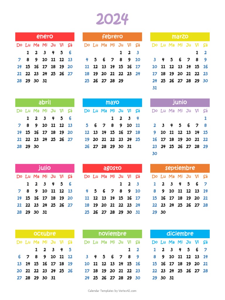 Calendario 2024 en colores morado, naranja, amarillo, verde y azul | PDF