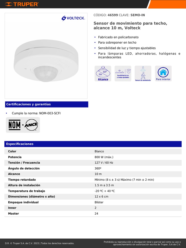 Sensor de Movimiento para Techo, Alcance 10 M, Volteck | PDF