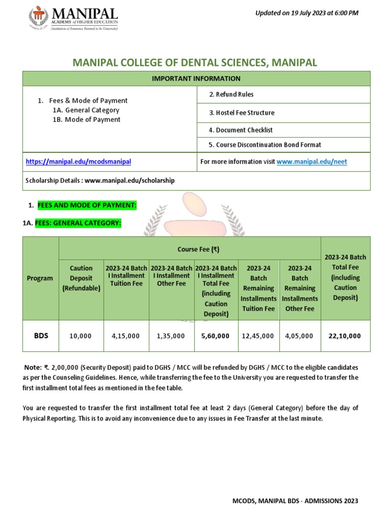 MCODS Manipal UG 2023 | PDF | Dental Degree
