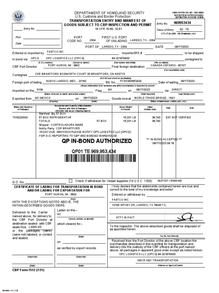 QP In-Bond Authorized: Transportation Entry and Manifest of Goods ...