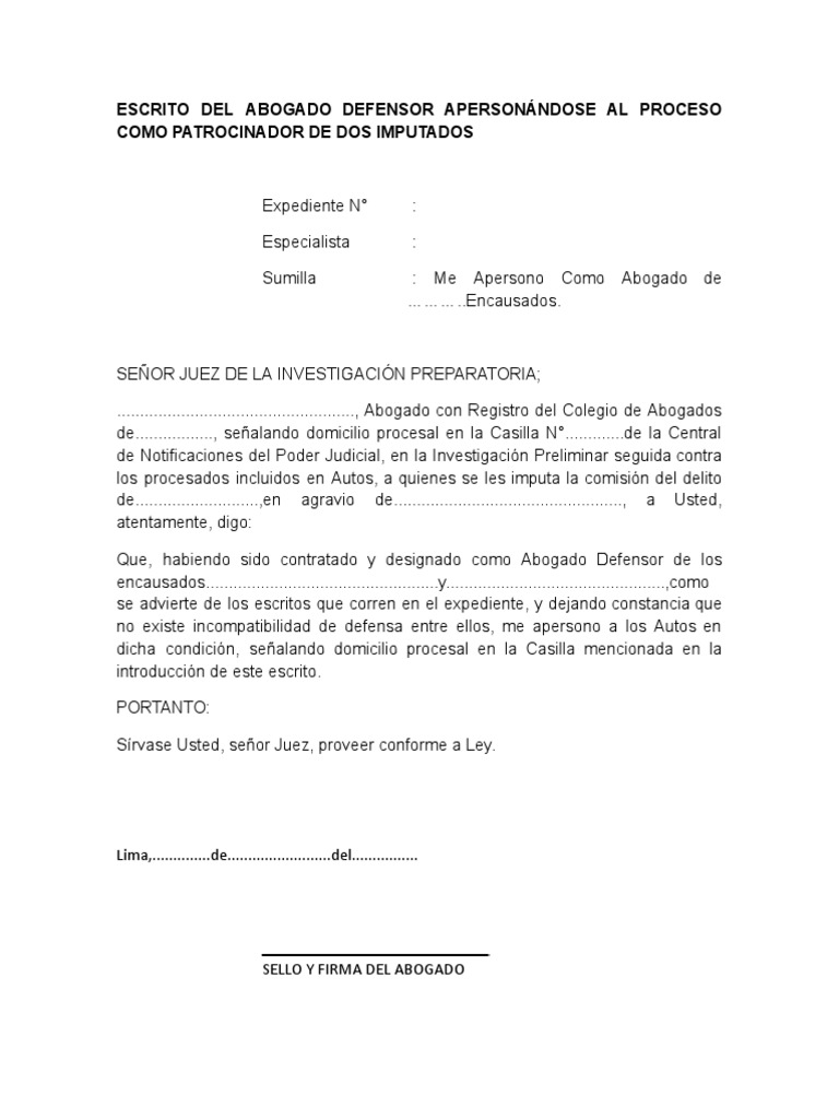 Modelo de Escrito Del Abogado Defensor Apersonándose Al Proceso Como Patrocinador de Dos ...