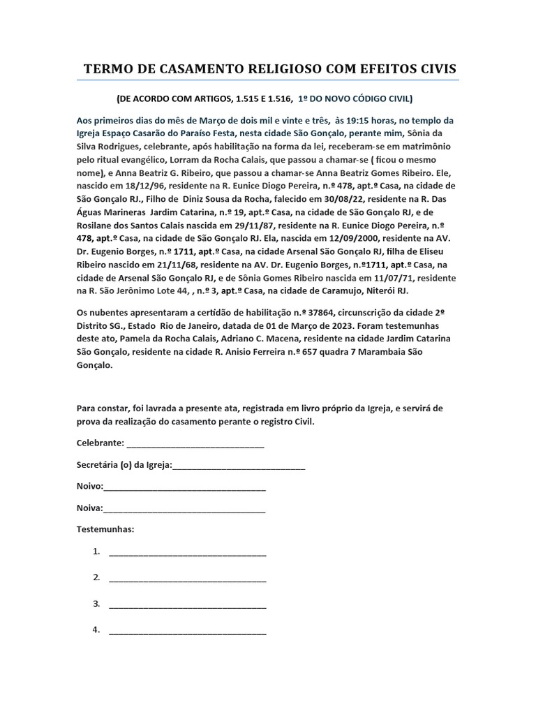 Termo de Casamento Religioso Com Efeitos Civis | PDF