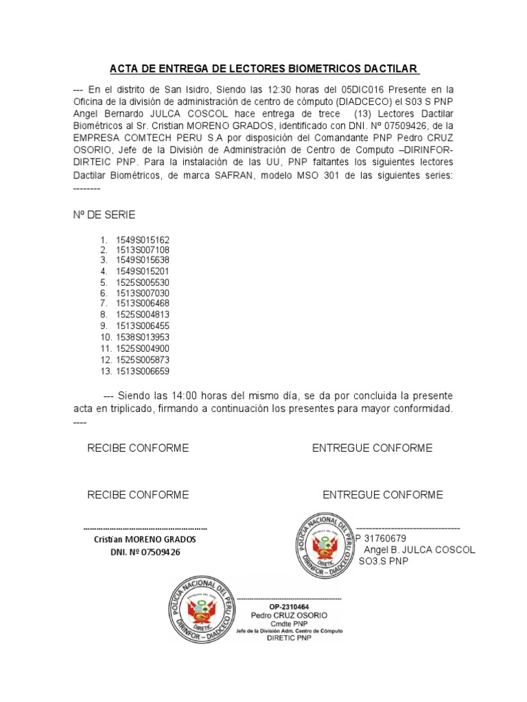 Acta de Entrega de Lectores Biométricos | PDF