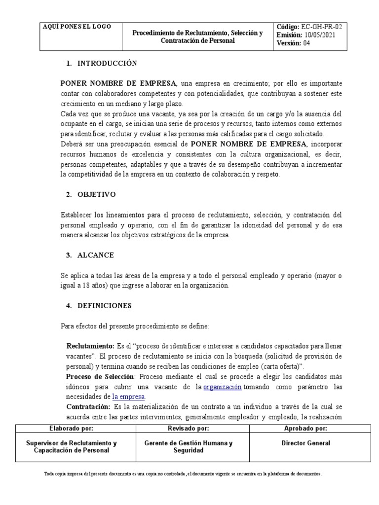 Procedimiento de Reclutamiento Selección y Contratación de Personal | PDF | Reclutamiento ...