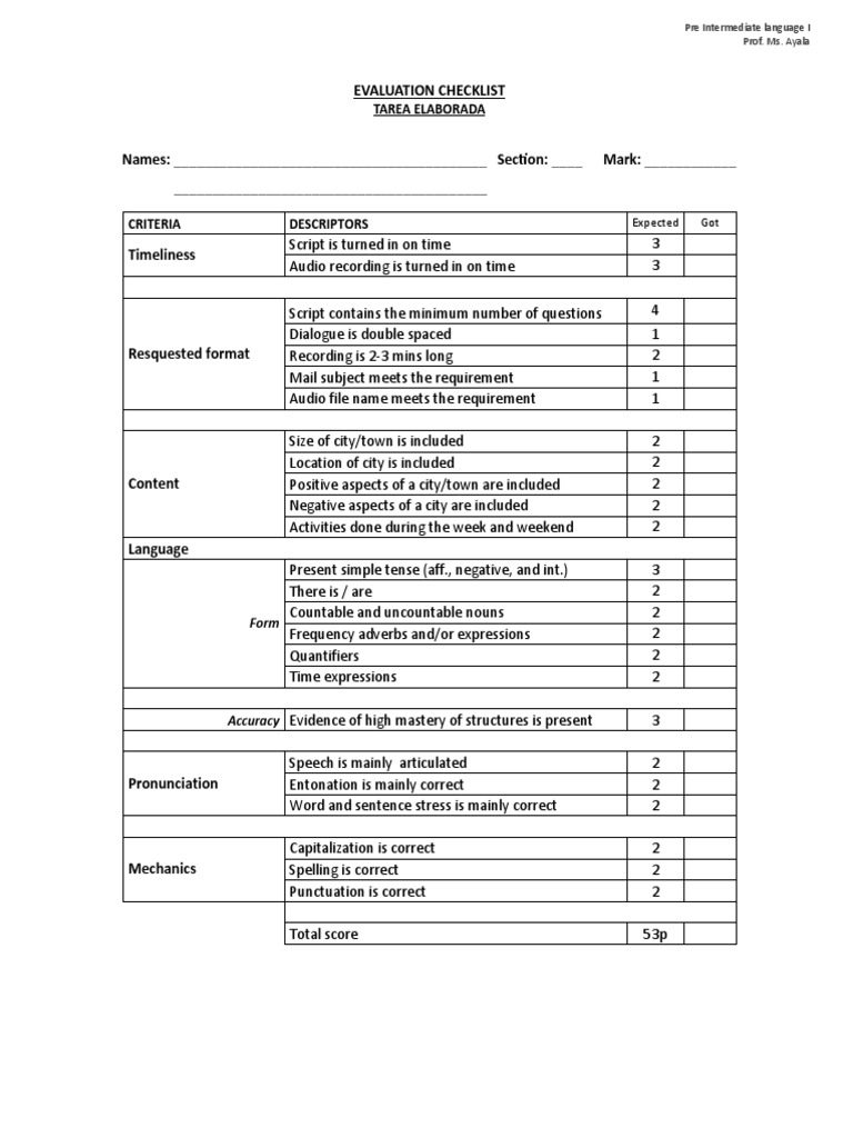 Pre Intermediate 1 - Tarea Elaborada - Evaluaton Checklist - Ms Ayala ...