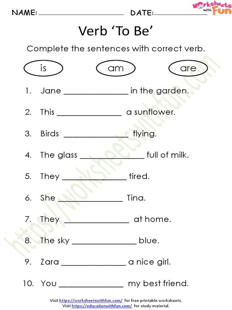 Verb To Be (Is, Am, Are) Worksheet 8 | PDF