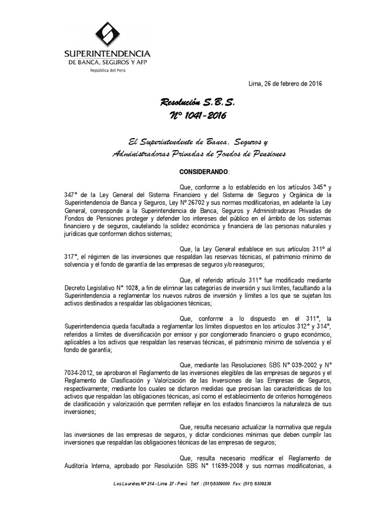 Resolución S.B.S. #1041-2016: El Superintendente de Banca, Seguros y Administradoras Privadas de ...