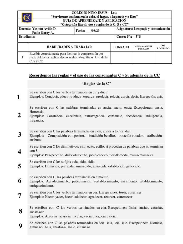 Guía Aplicación Ortografía Literal C, S y CC | PDF