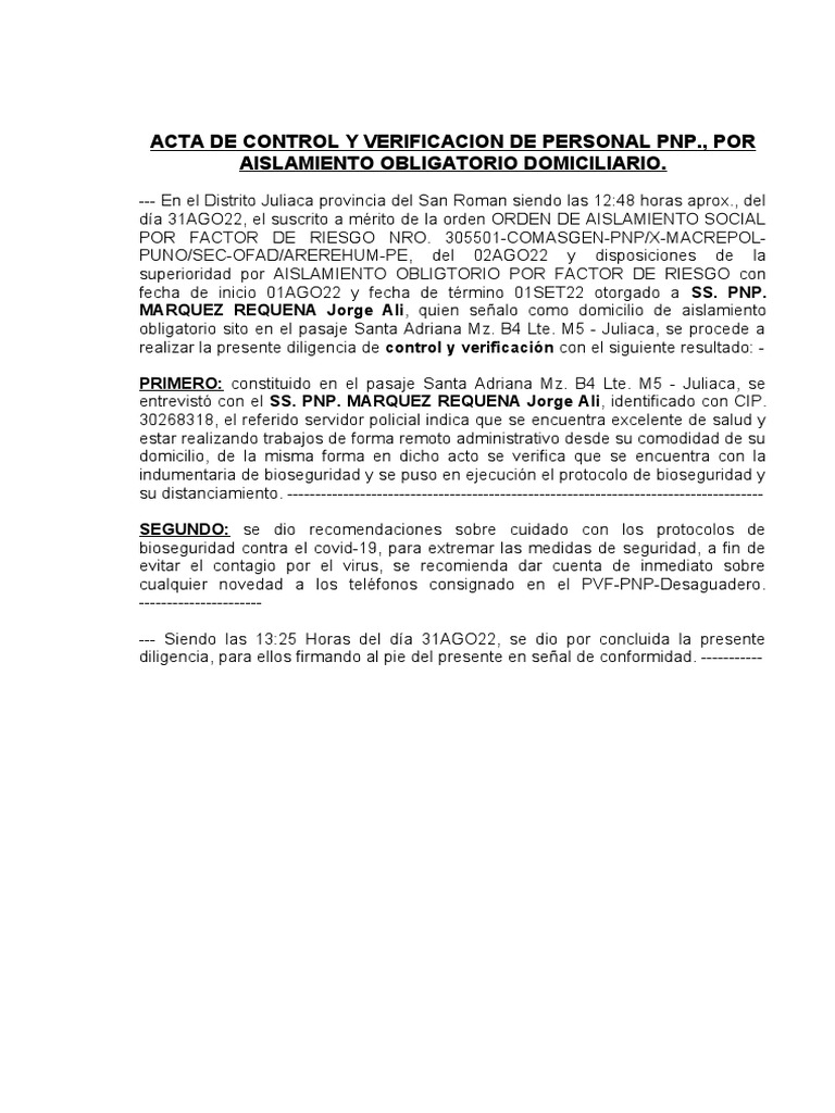 Acta de Control y Verificacion de Personal PNP | PDF