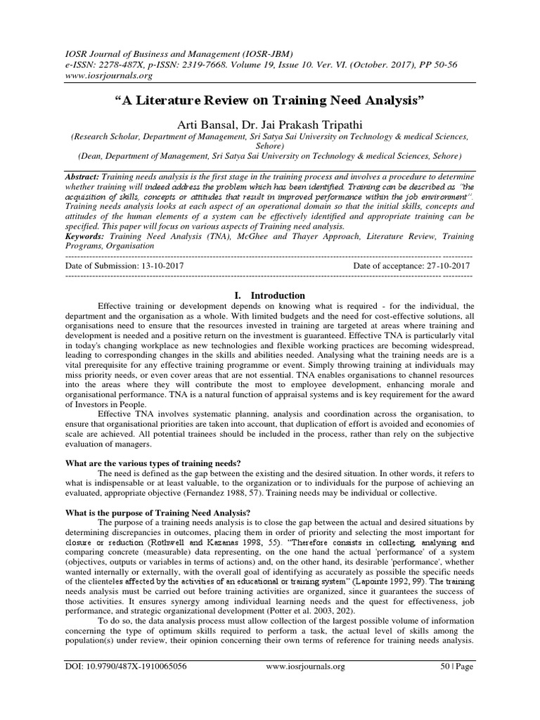  A Literature Review On Training Need Analysis Arti Bansal Dr Jai