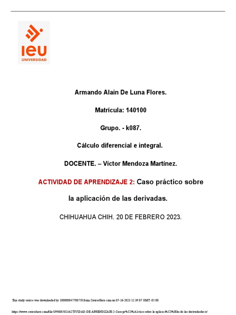 ACTIVIDAD DE APRENDIZAJE 2. Caso PR Ctico Sobre La Aplicaci N de Las Derivadas | PDF | Derivado ...