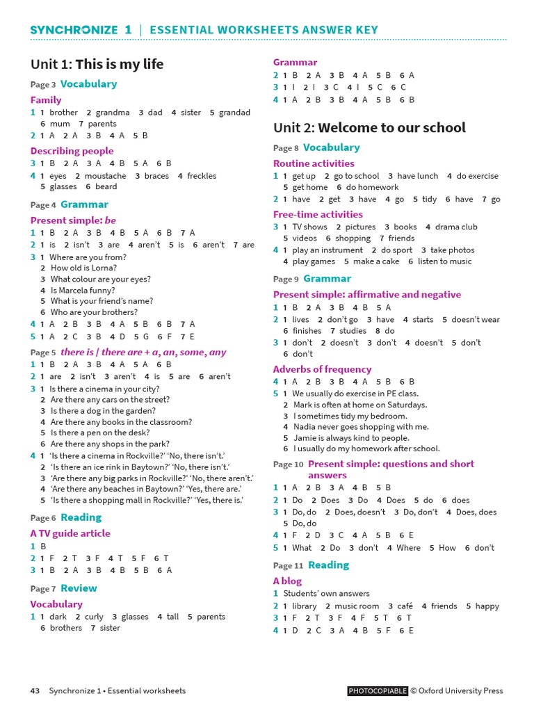 Synchronize1 Essential Worksheets Key | PDF