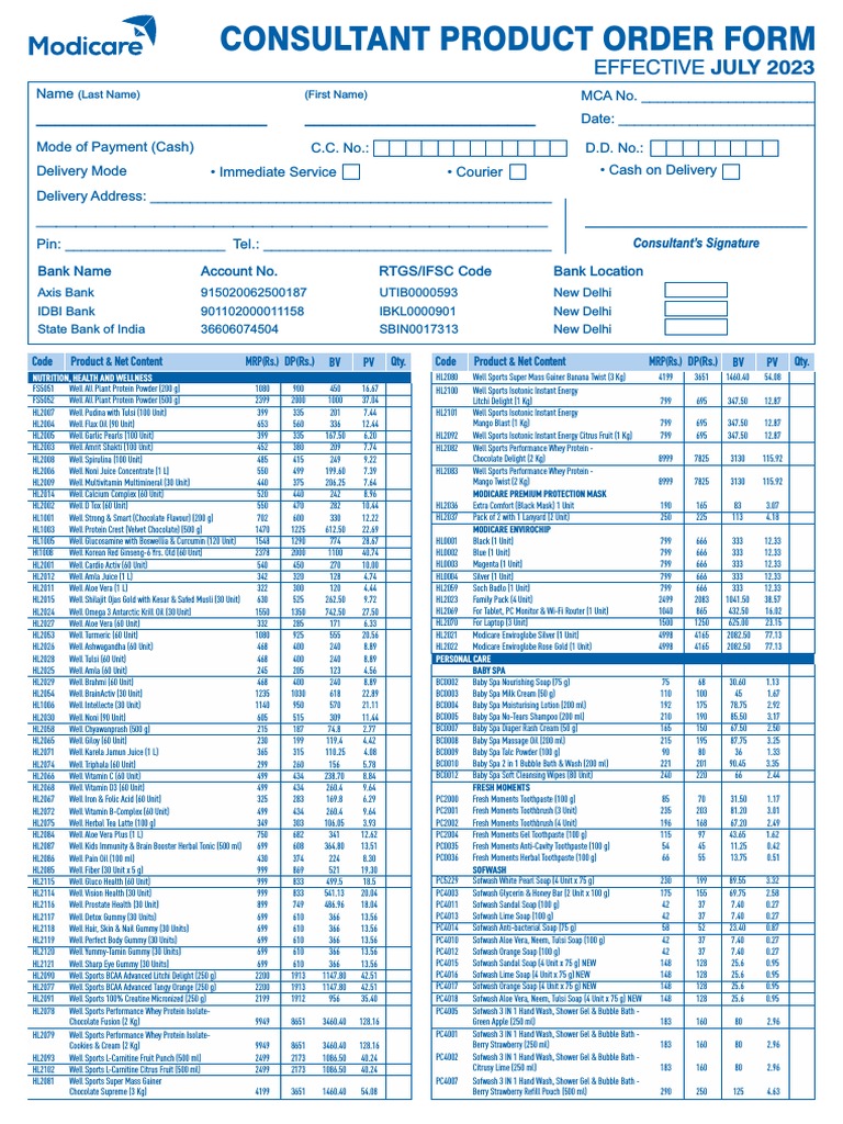 Modicare Product Order Form 2023 | PDF | Shampoo
