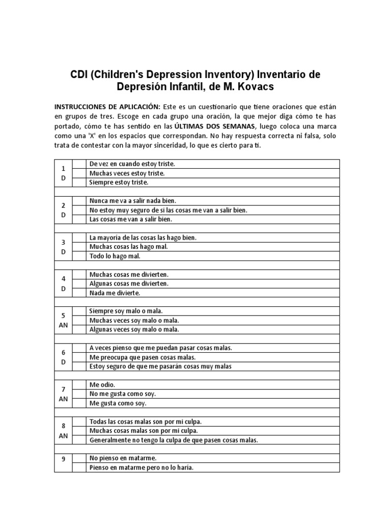 Inventario de Depresion Infantil Cdi Kovacs | PDF | Depresión (estado de ánimo)
