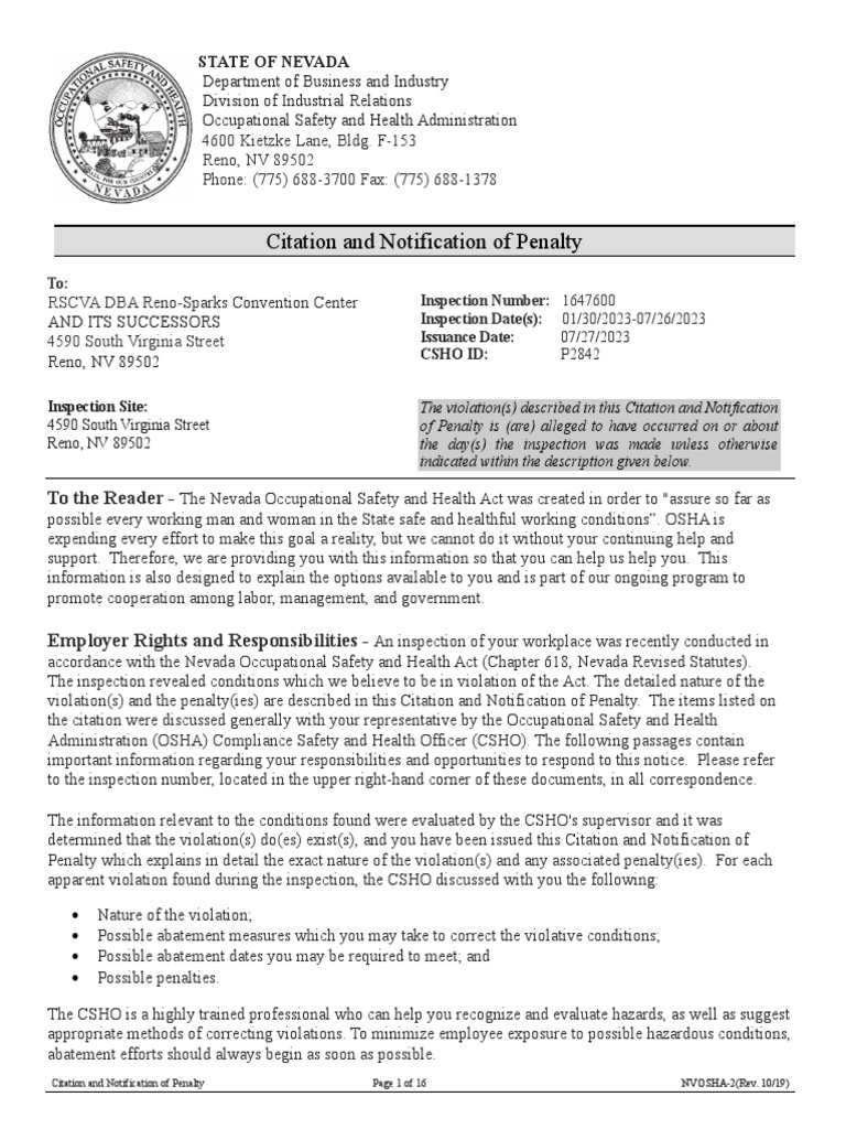 NV OSHA Citation and Notification of Penalty | PDF