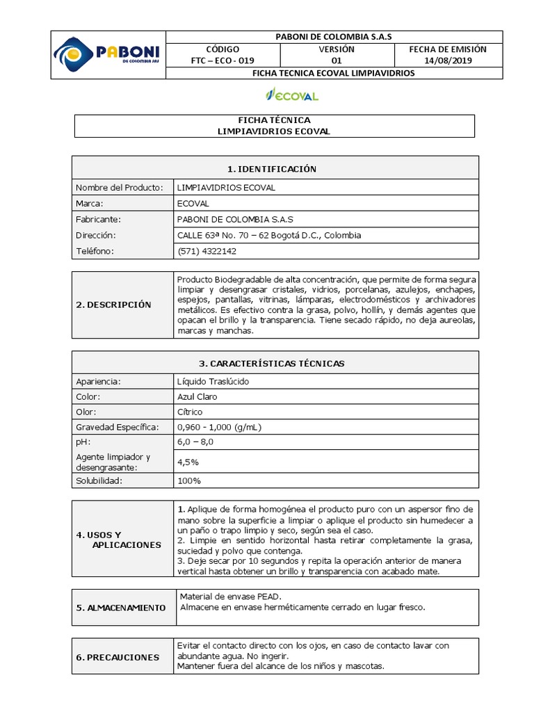 Ftc-Eco-019 Ficha Tecnica Limpiavidrios Ecoval | PDF