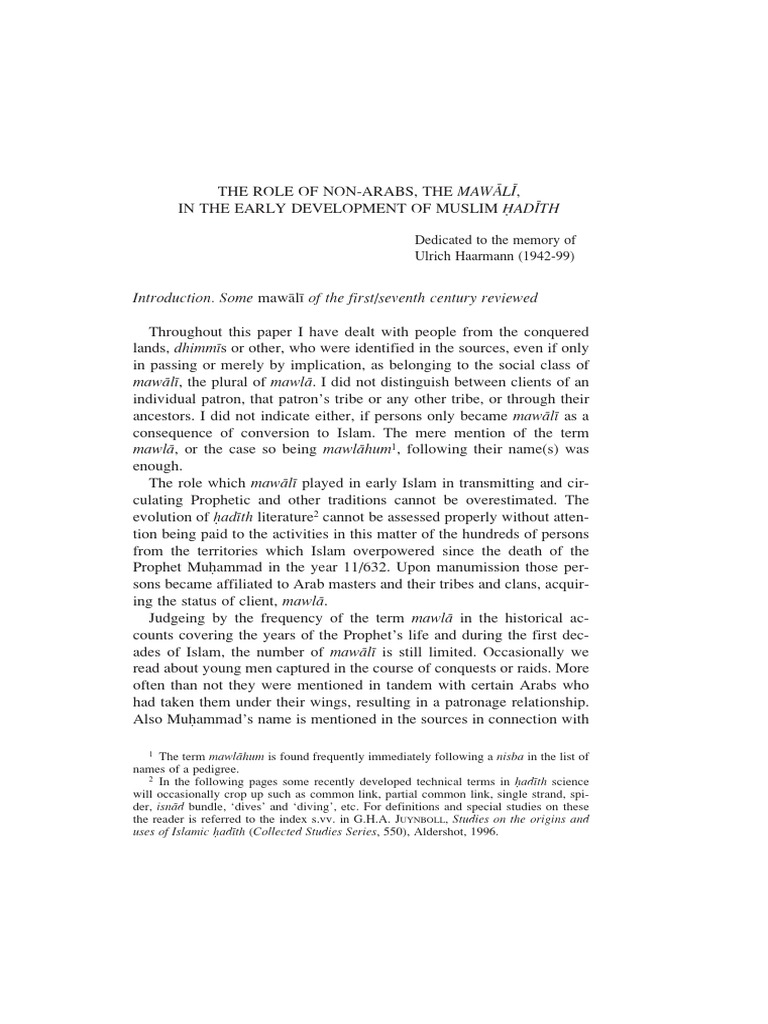 Juynboll, The Role of Mawali in Early Development of Hadith | PDF ...