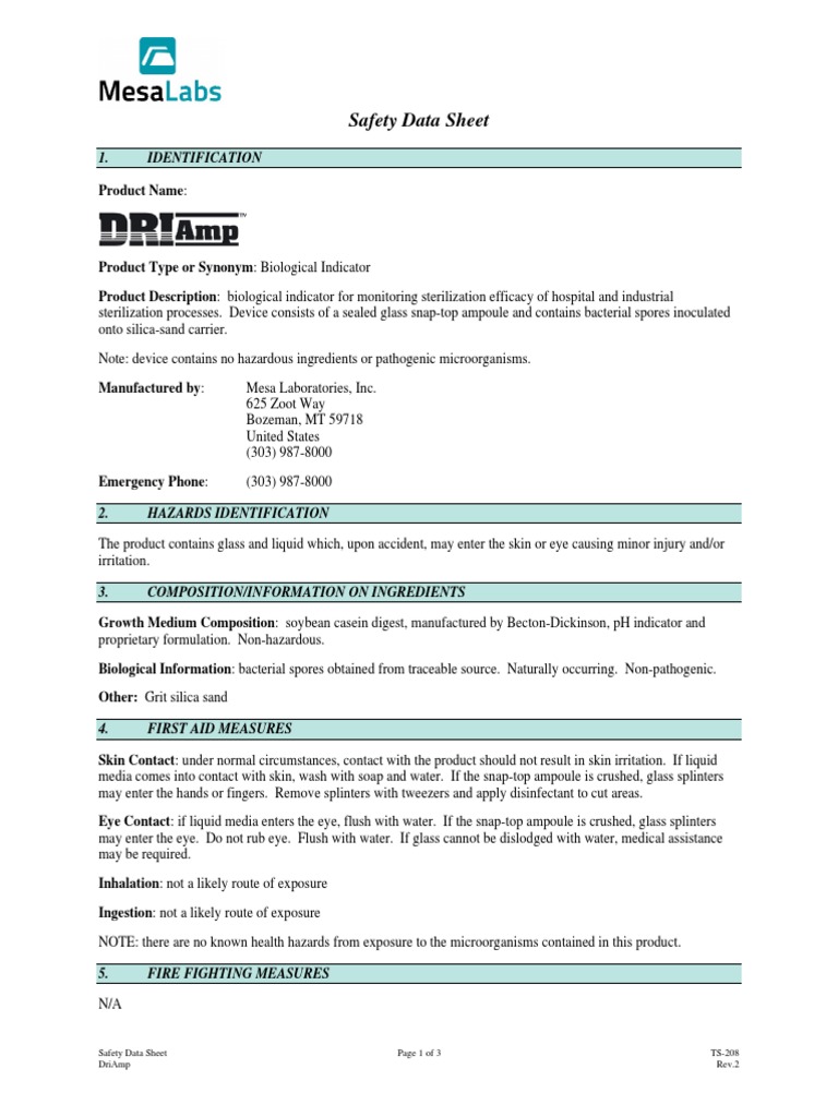 DriAmp - Hoja de Seguridad | PDF | Sterilization (Microbiology) | Toxicity