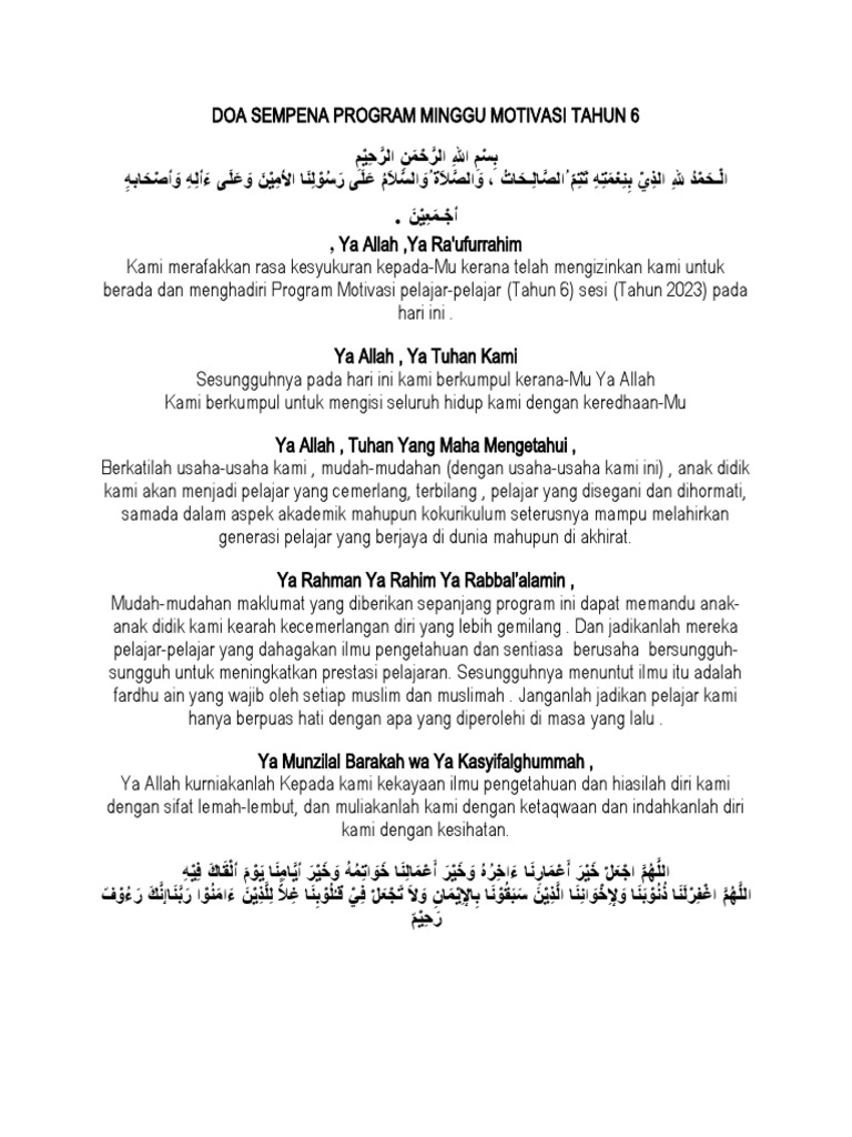 Doa Sempena Program Minggu Motivasi Tahun 6 | PDF