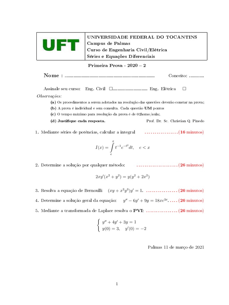 00 Gabarito Prova 01-EDO-20-02a | PDF | Ciências Físicas | Engenharia