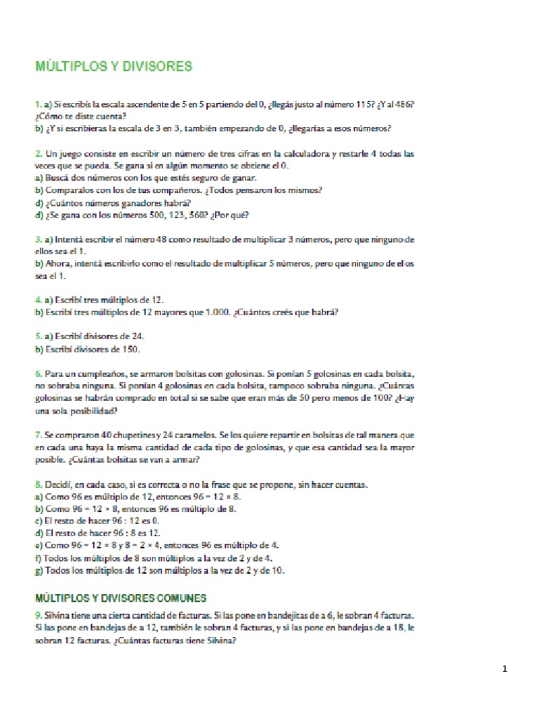 Mùltiplos y Divisores para Secundario | PDF | División (Matemáticas ...